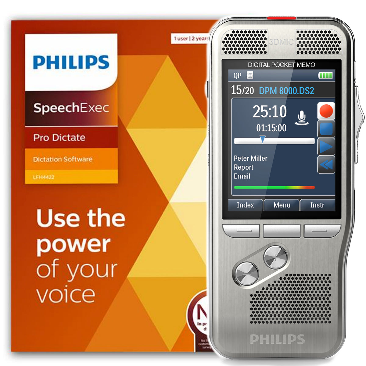 Philips DPM8000/02 Digital PocketMemo with SpeechExec Pro V11 - 2 Year– Speech Products
